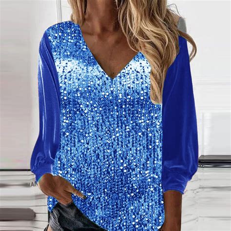 Women Sequin Tops Sparkle Long Sleeve Blouses Shimmer Glitter Party Crewneck Loose Fit V Neck