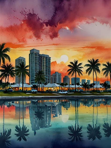 Miami City View Watercolor Art Stock Illustration Illustration Of