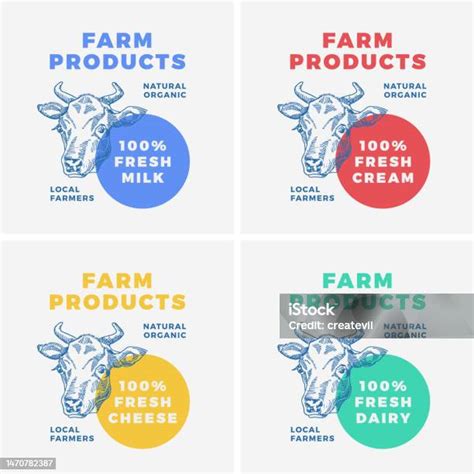 농장 유제품 추상 벡터 기호 기호 레이블 템플릿 손으로 그린 암소 얼굴 실루엣과 현대적인 타이포그래피 신선한 우유 엠블럼 고기에 대한 스톡 벡터 아트 및 기타 이미지