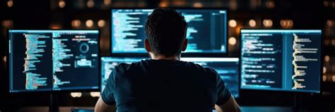A Programmer Working On Code In A Dark Room With Multiple Monitors Showing Complex Algorithms