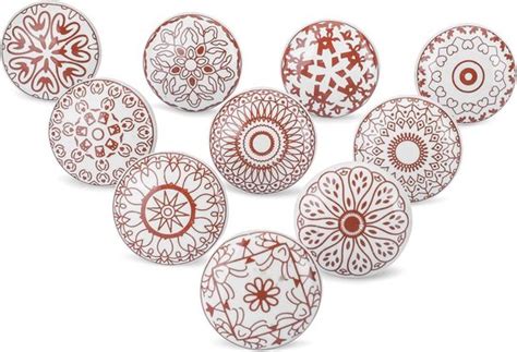Keramische Knoppen Set Van 10 Rood Wit Bedrukt Voor Kast Deur