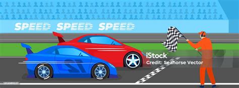 레이스 스포츠 경쟁 벡터 일러스트레이션 과속 자동차 결승선에서 빠른 모터 레이싱 볼리드 속도 자동 우승자 자동차 랠리 성공에 대한 스톡 벡터 아트 및 기타 이미지 Istock