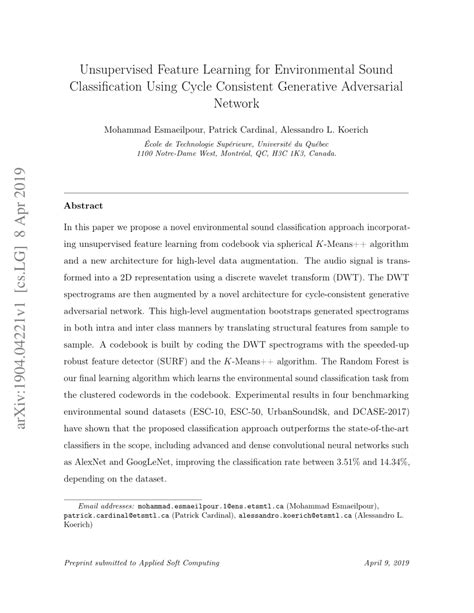 Pdf Unsupervised Feature Learning For Environmental Sound