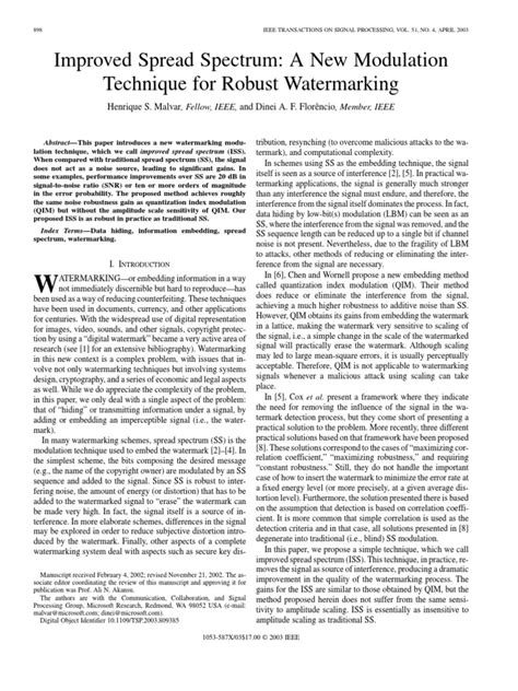 Improved Spread Spectrum A New Modulation Technique For Robust Watermarking Download Free Pdf