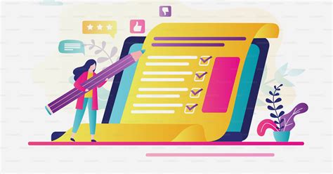 온라인 설문조사 개념 배너입니다 아름다움 여성은 대답을 위해 큰 연필을 사용합니다 노트북 화면에 설문지 기술 인터넷 인터넷