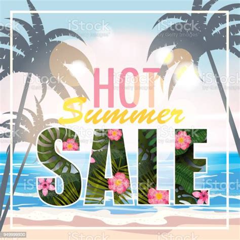 판매 여름 배너 포스터와 팜 잎 정글 리프와 열 대 꽃 바다 열 대 여름 배경입니다 벡터 일러스트 레이 션 Eps10 0명에 대한 스톡 벡터 아트 및 기타 이미지 Istock