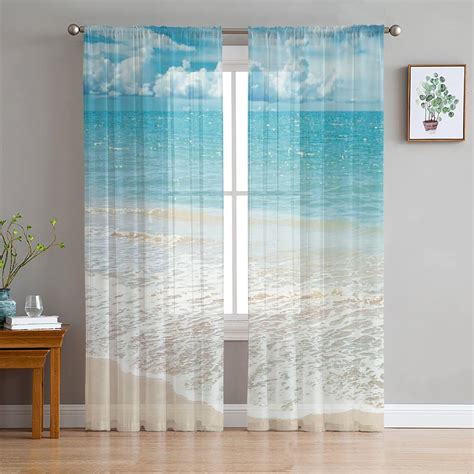 Ocean Beach Theme Sheer Curtains 84 Inch Length 2 Panels