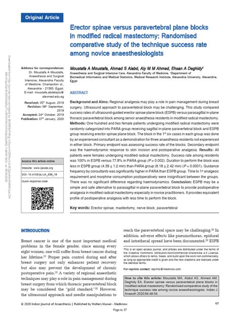 Erector Spinae Versus Paravertebral Plane Blocks 11 Download Free Pdf Anesthesia Mastectomy