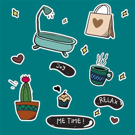 Hand Drawn Me Time Sticker Set Vector Illustration 23203449 Vector Art At Vecteezy