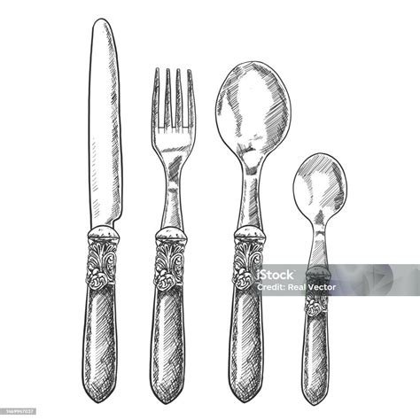 손으로 그린 빈티지 칼 붙이 테이블 나이프 포크 테이블 스푼 및 찻 스푼 디지털 디자인 요소로 로고 광고 메뉴 카페 배너 또는 전단지를 사용할 수 있습니다 부엌 칼에 대한