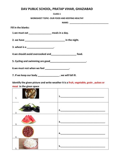 Our Food Worksheet For Class 1