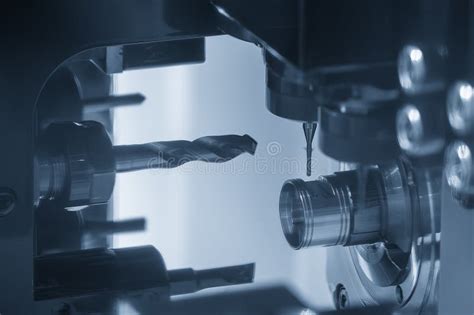 The CNC Lathe Machine Milling The Metal Shaft Parts By Milling Spindle Stock Image Image Of