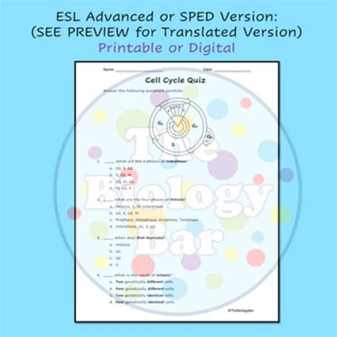 Cell Cycle Quiz Interphase And Mitosis Assessment With Esl Ell And Sped