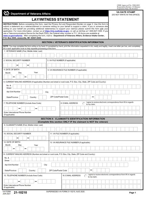 Va Form 21 10210 Lay Witness Statement Va Forms