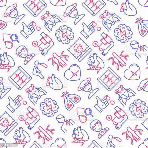 심장 마비 증상 얇은 라인 아이콘 원활한 패턴 현기증 호흡 곤란 심전 도 공황 발작 약점 급성 통증 콜레스테롤 수치 구역 질 당뇨병 현대 벡터 그림입니다 건강 진단에 대한