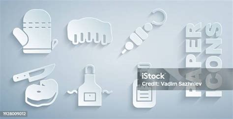 주방 앞치마 구운 시시 케밥 스테이크 고기와 칼 소스 병 돼지 고기 갈비 오븐 장갑 아이콘 세트 벡터 3차원 형태에 대한 스톡 벡터 아트 및 기타 이미지 Istock