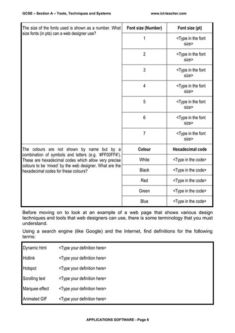 Applications Software Web Design Worksheet Doc Web Design And Html Internet