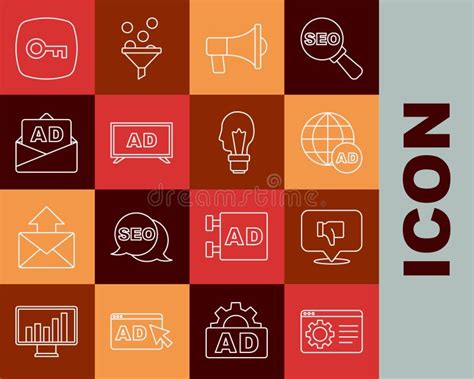 Set Line Browser Setting Dislike Speech Bubble Advertising Megaphone Key And Light Bulb With