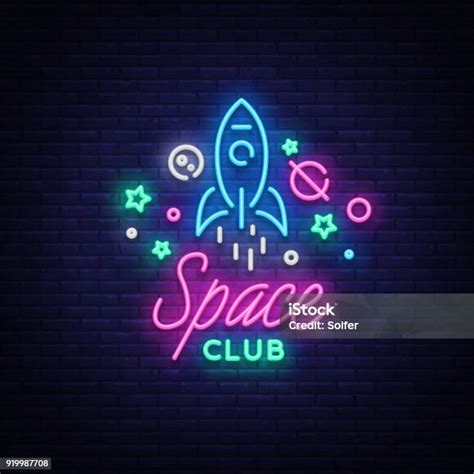 네온 스타일에서 공간 나이트 클럽 로고입니다 네온 사인 라이트 배너 밝은 밤 클럽 광고 디스코입니다 초대 파티에 대 한 디자인 서식 파일입니다 벡터 일러스트 레이 션 네온에