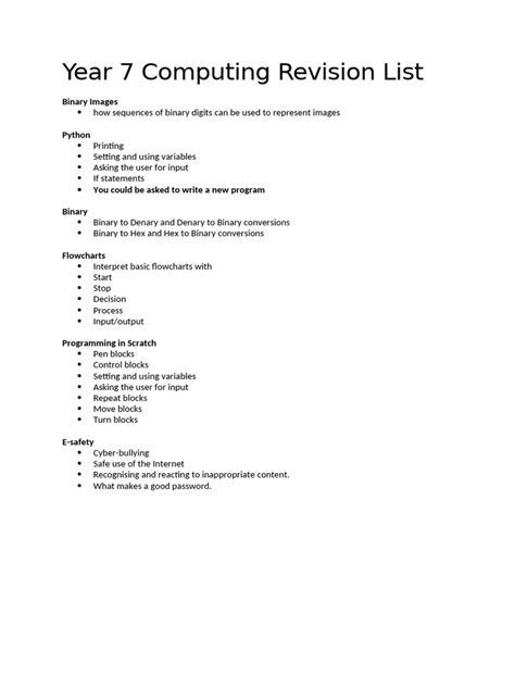 Year 7 Computing Revision List Pdf