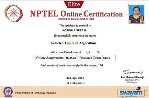 Completed Nptel Course On Algorithms Sreeja Reddy Posted On The Topic