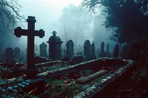 Spooky Graveyard Ambiance With Fog And Shadows Premium Ai Generated Image