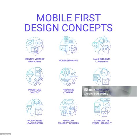 모바일 첫 번째 디자인 블루 그라디언트 개념 아이콘 세트 0명에 대한 스톡 벡터 아트 및 기타 이미지 0명 Brand