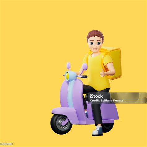배낭과 엄지 손가락으로 스쿠터를 타는 남자의 래스터 그림 노란 티셔츠를 입은 젊은 남자는 오토바이 배달 운송 속도 교통 규칙을 타고 비즈니스를위한 3d 렌더링 아트 워크 3