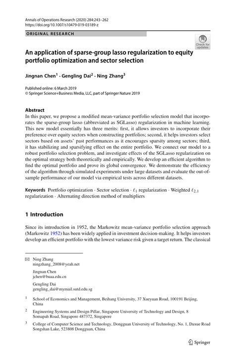 Pdf An Application Of Sparse Group Lasso Regularization To Equity Portfolio Optimization And