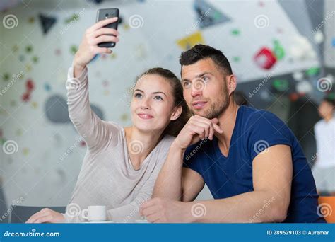 Couple Taking Selfie At Indoor Climbing Wall Center Stock Image Image