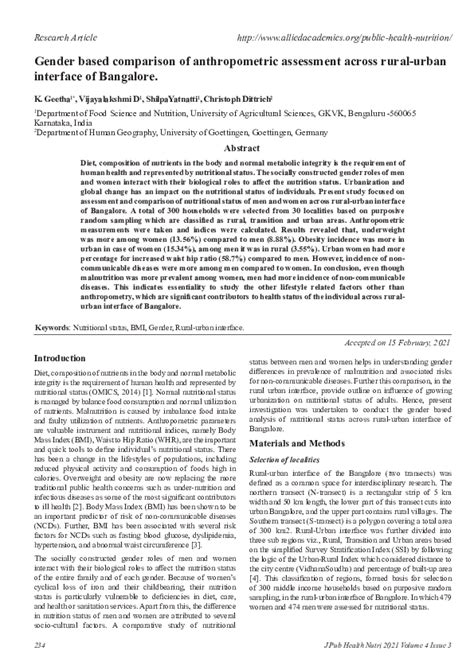 Pdf Gender Based Comparison Of Anthropometric Assessment Across Rural Urban Interface Of Bangalore