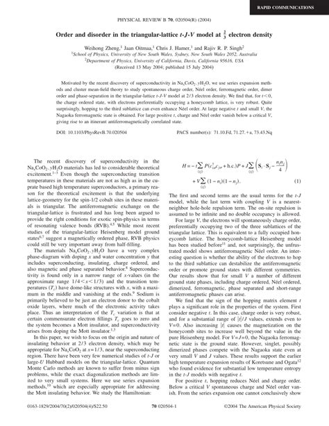 Pdf Order And Disorder In The Triangular Lattice T J V Model At 2 3 Electron Density