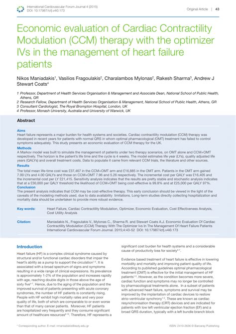 Pdf Economic Evaluation Of Cardiac Contractility Modulation Ccm