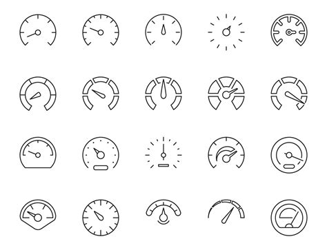 Speedometer icon set. Speed indicator sign. Performance control panel symbol. Gauge or dashboard ...