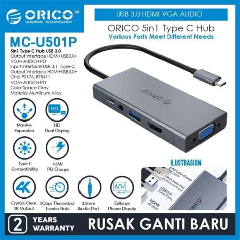 Promo ORICO 5in1 Type C Hub USB 3 0 HDMI VGA AUDIO PD MC U501P Diskon 23 Di Seller Alice