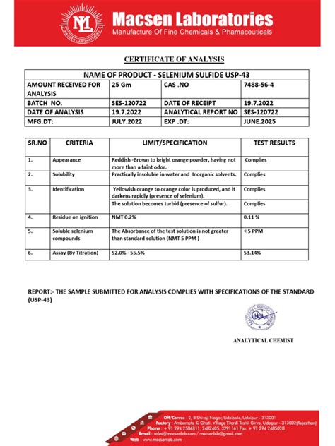 Coa Selenium Sulfide Usp 43 1 Pdf