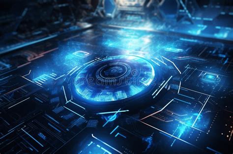 Digital Cyber Security Concept Shield On Circuit Board Background With Blue Lights Abstract