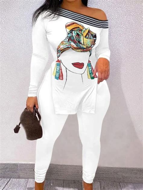 Plus Size Letter Print Striped Pants Set One Shoulder Long Sleeve Sexy