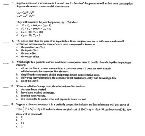 Solved 7 Suppose A Man And A Woman Are In Love And Care For Chegg Com