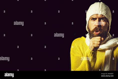 Man Coughs Sick Male Coughing Into His Fist Bearded Handsome Man In