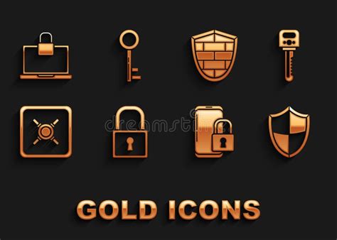 Set Lock Key Shield Smartphone With Closed Padlock Safe Cyber Security Brick Wall Laptop