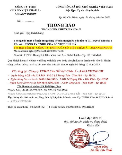Thông báo thay đổi nội dung đăng ký doanh nghiệp AseanWindow aseanwindow