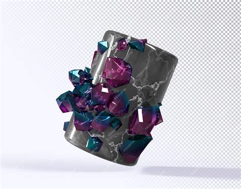 빨간색 파란색 보석 돌 3d 렌더링 아이콘이 있는 검은 대리석 원통형 기둥 광물 원석 지질학 결정이 있는 추상 기하학적 바위 기둥 흰색 배경 3d 그림에 격리된 예술 개체