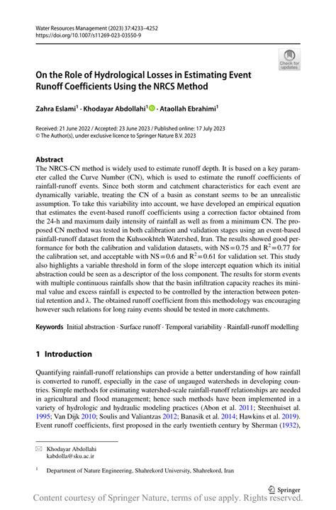 On The Role Of Hydrological Losses In Estimating Event Runoff Coefficients Using The Nrcs Method