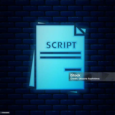 벽돌 벽 배경에 격리 빛나는 네온 시나리오 아이콘입니다 예술 프로젝트 영화 극장에 대한 스크립트 읽기 개념 벡터 일러스트레이션