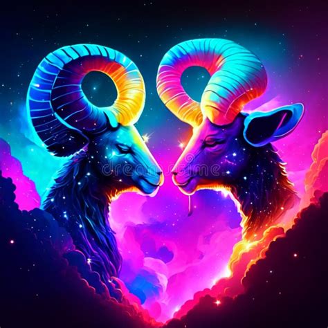 Mouflon And Ram In Neon Lights Vector Illustration Zodiac Sign Stock Illustration