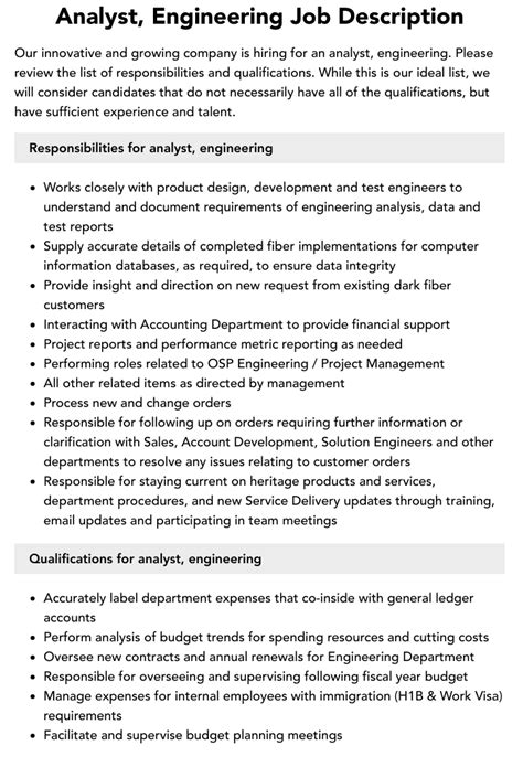 Analyst Engineering Job Description Velvet Jobs