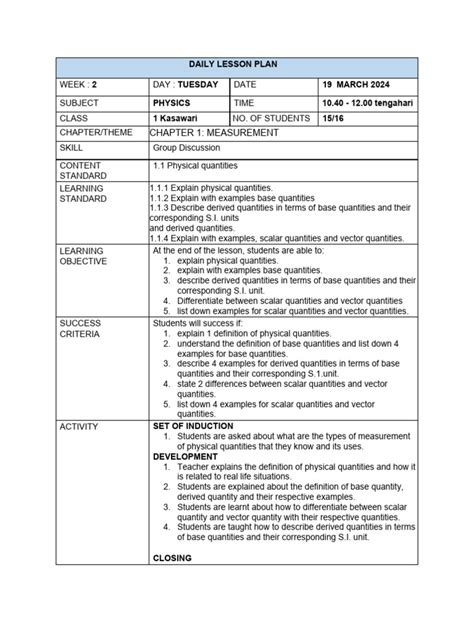 Daily Lesson Plan Physics F4 Download Free Pdf Euclidean Vector Lesson Plan