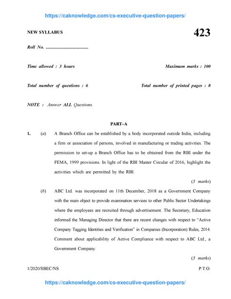 Cs Executive Sbec Question Paper Dec 2020 1 2020 Sbec Ns P T 423 1 New Syllabus Roll No