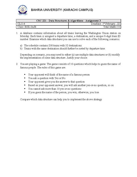Dsa 3 Data Structure Assignment Bahria University Karachi Campus Csc 221 Data Structures